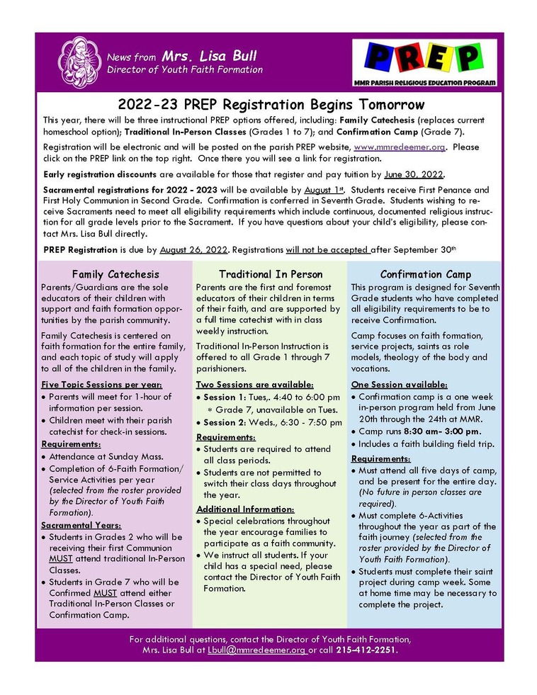 PREP Registration | Mary, Mother of the Redeemer Church | North Wales, PA