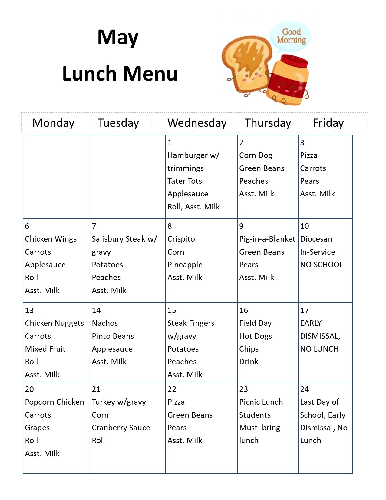 Lunch Calendar - St. Mary's School - Gainesville, TX