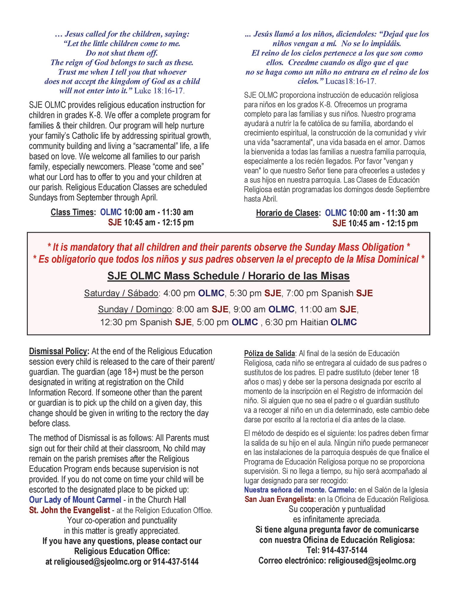 Class Schedule | St. John the Evangelist and Our Lady of Mount Carmel ...