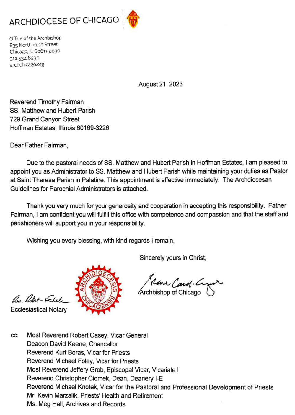 A Letter from Cardinal Cupich - Holy Archangels Parish - Hoffman ...