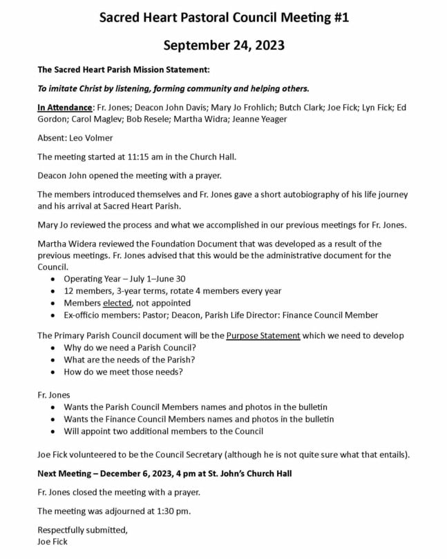 Minutes of Interim and Permanent Pastoral Council meetings | Sacred ...