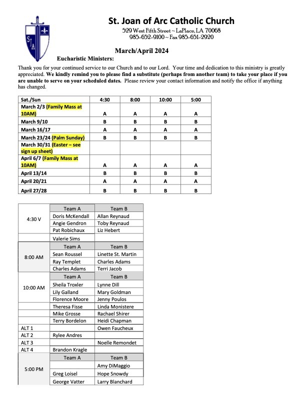 Liturgical Ministers' Schedules - St. Joan of Arc Church - LaPlace, LA