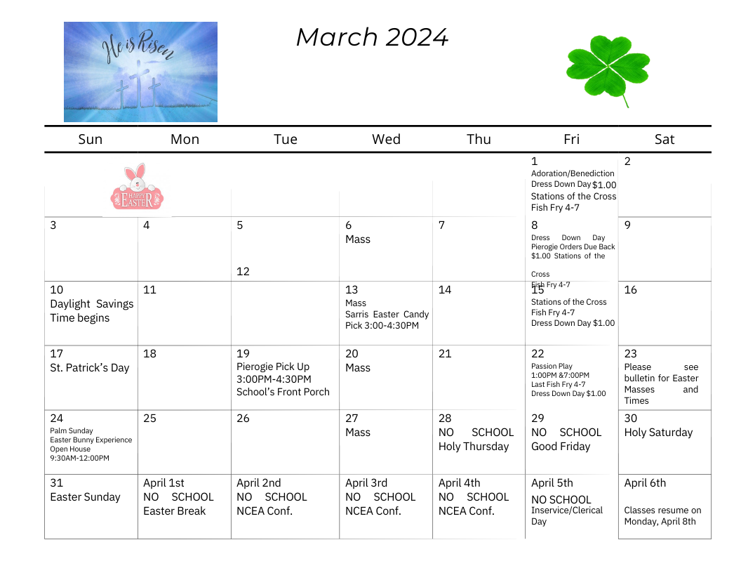 Current Monthly Calendar - Holy Family Catholic School - Plum, PA