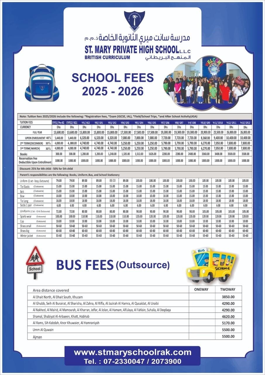 TUITION FEES - St. Mary Private High School RAK - Ras Al Khaimah