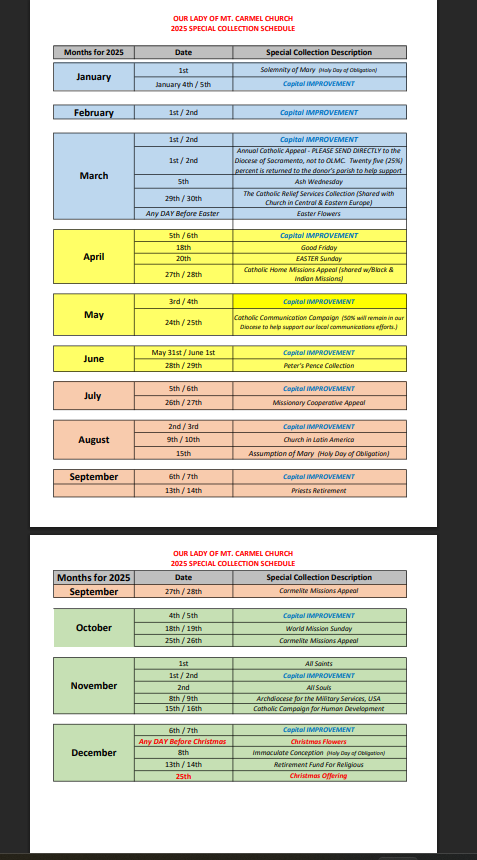 2025 OLMC Special Collection Schedule | Our Lady of Mount Carmel ...