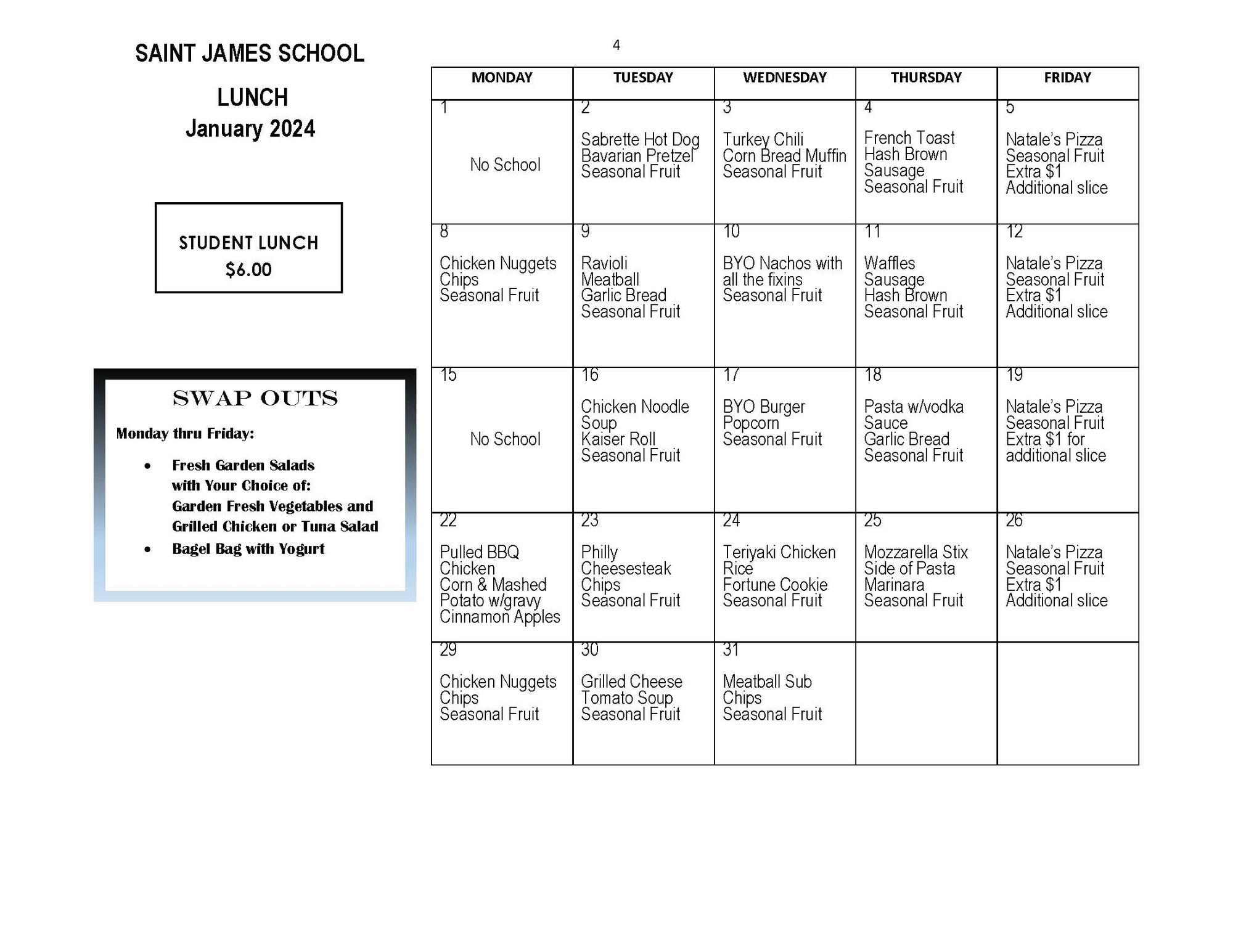Lunch Menu - Saint James School - Basking Ridge, NJ