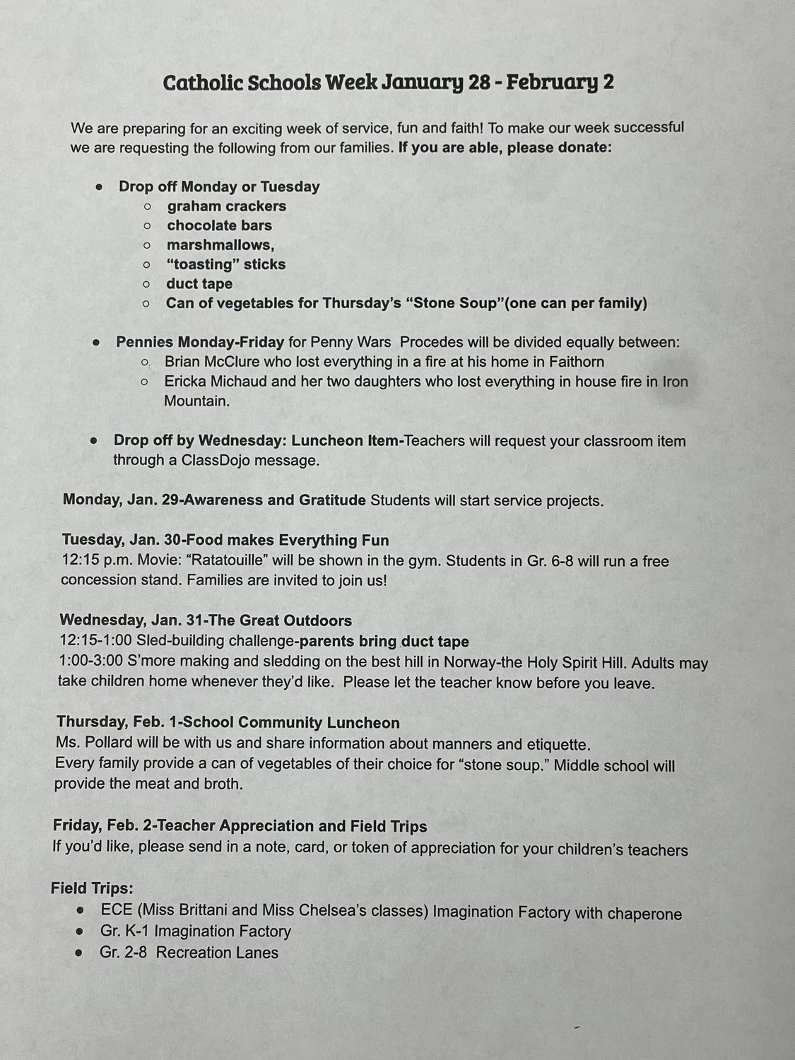 Catholic Schools Week - Holy Spirit Catholic School - Norway, MI