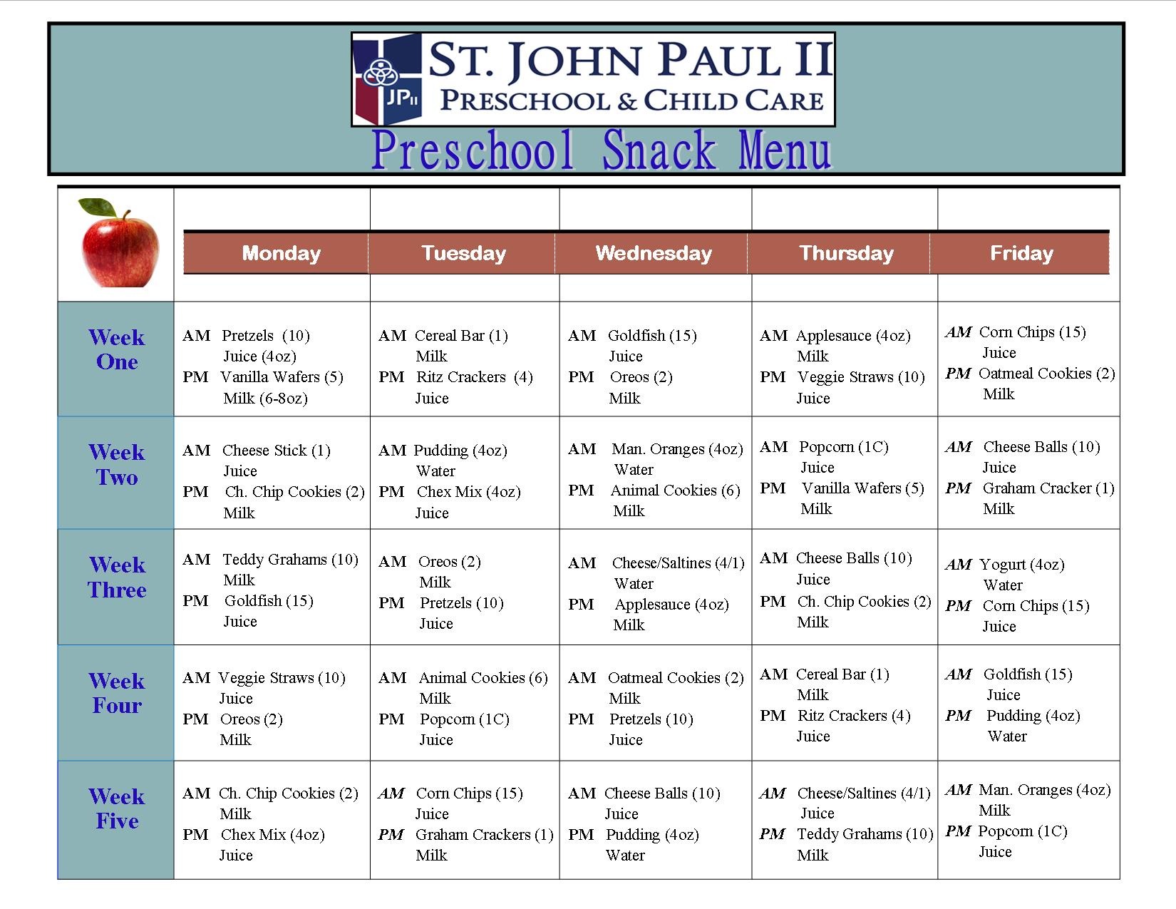 Monthly Snack Menu - St. John Paul II Preschool & Child Care ...