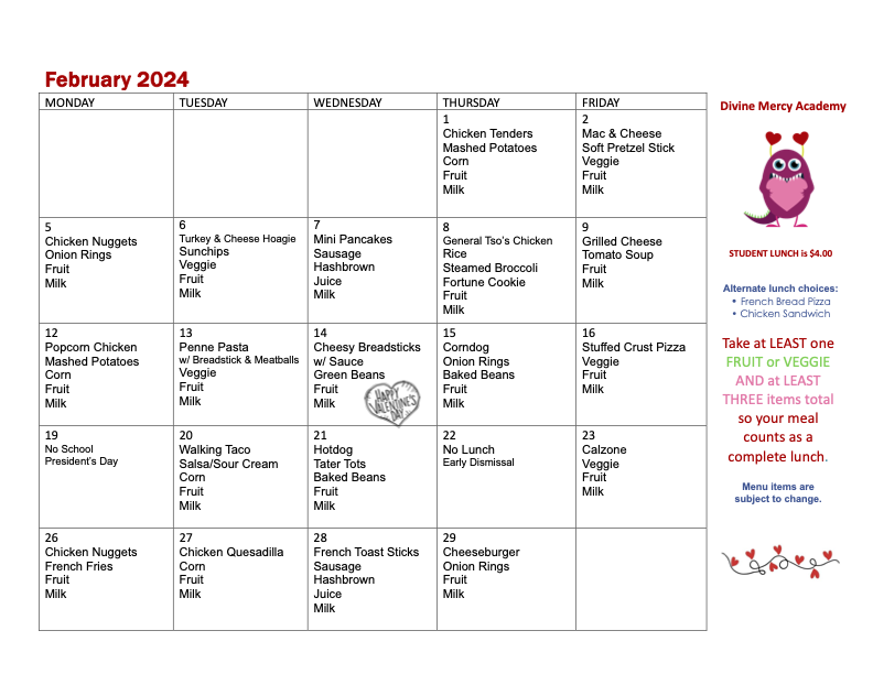 Calendar & Lunch Menu - Divine Mercy Academy - Monroeville, PA