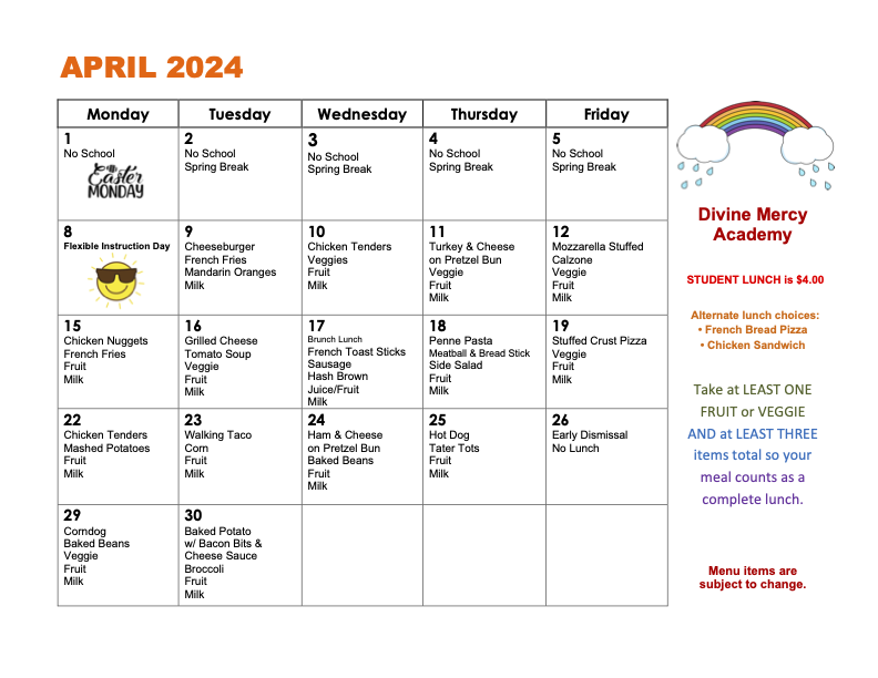 Calendar & Lunch Menu - Divine Mercy Academy - Monroeville, PA