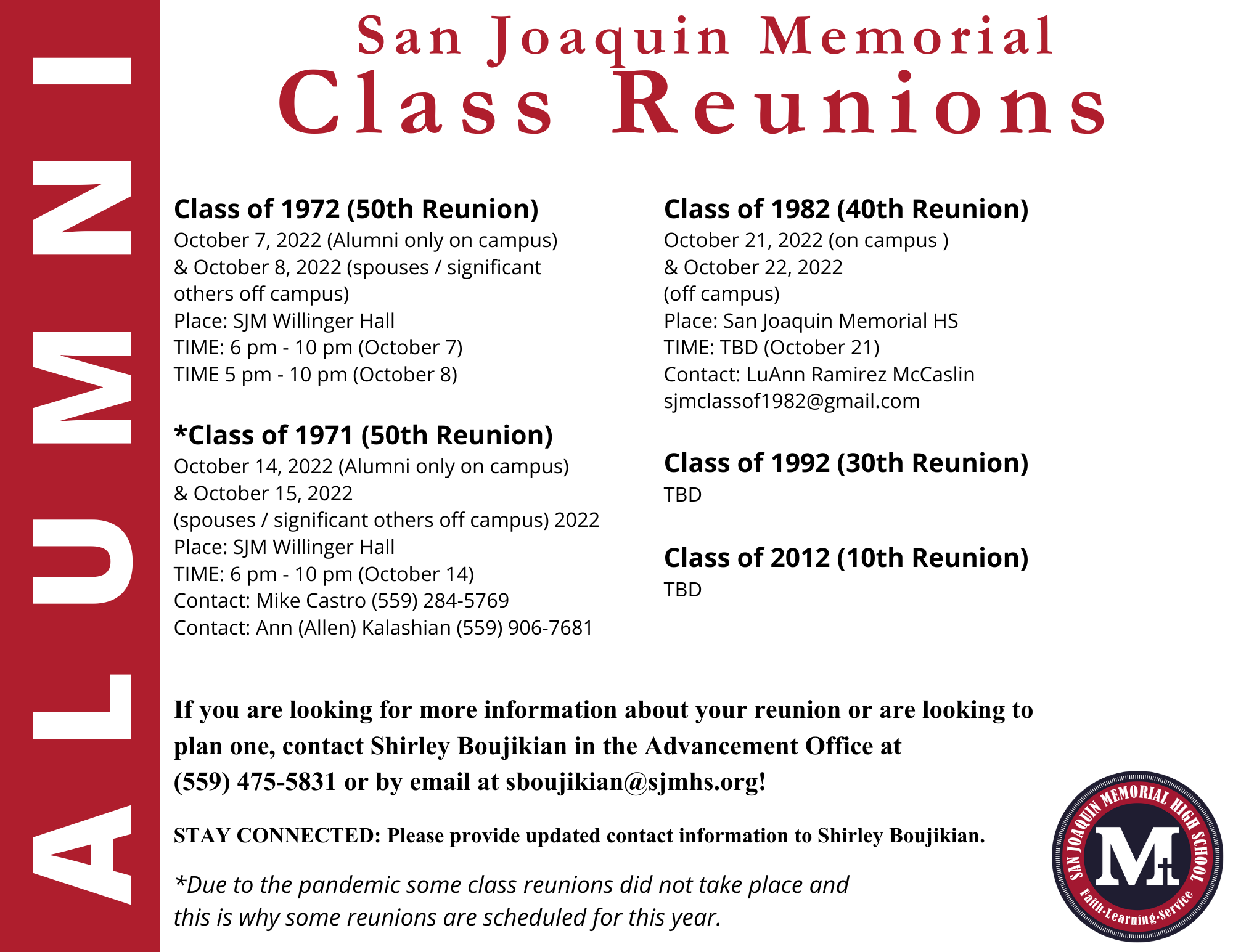 Memorial Class Reunions - San Joaquin Memorial High School - Fresno, CA