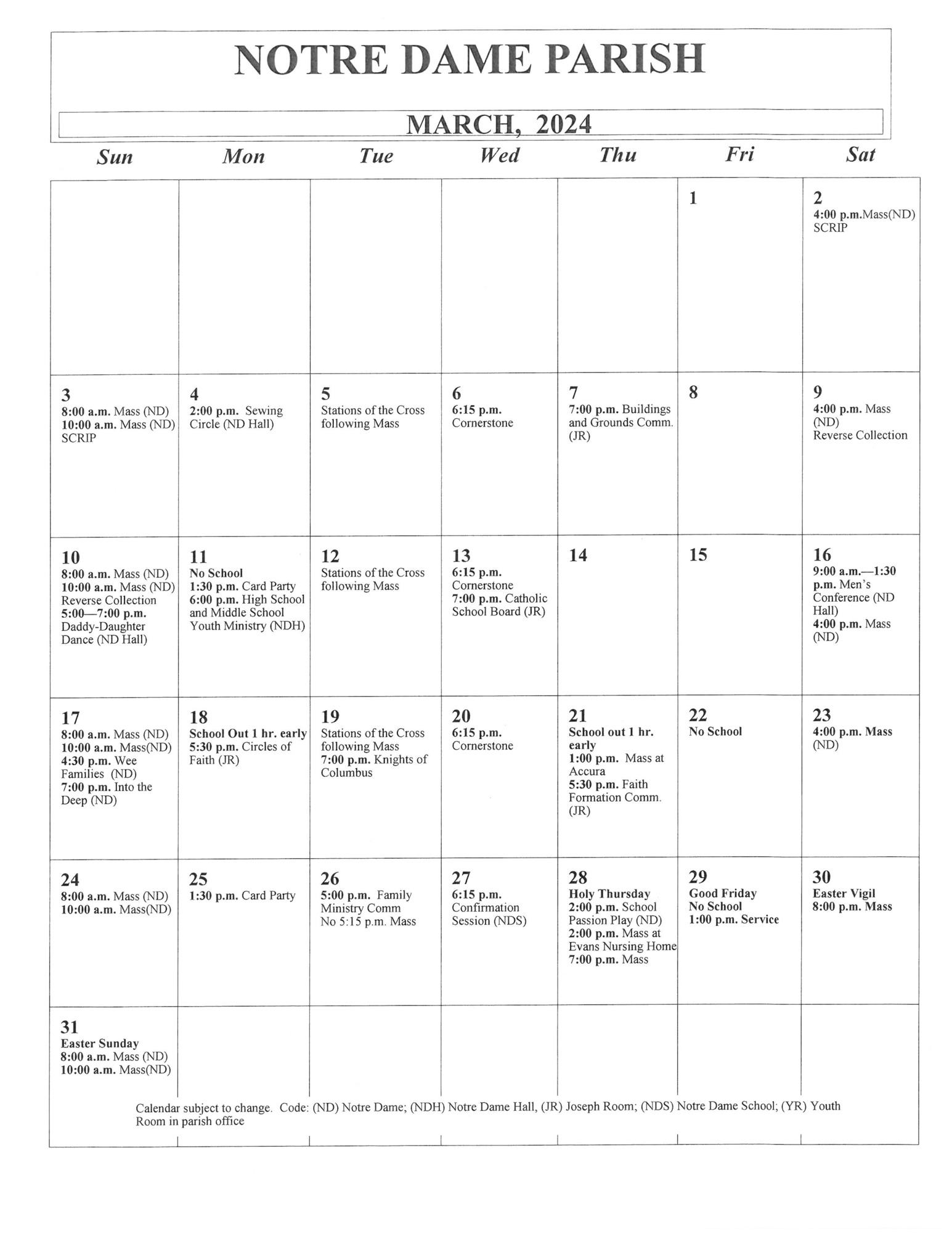 Parish Calendar - Notre Dame Parish - Cresco, IA