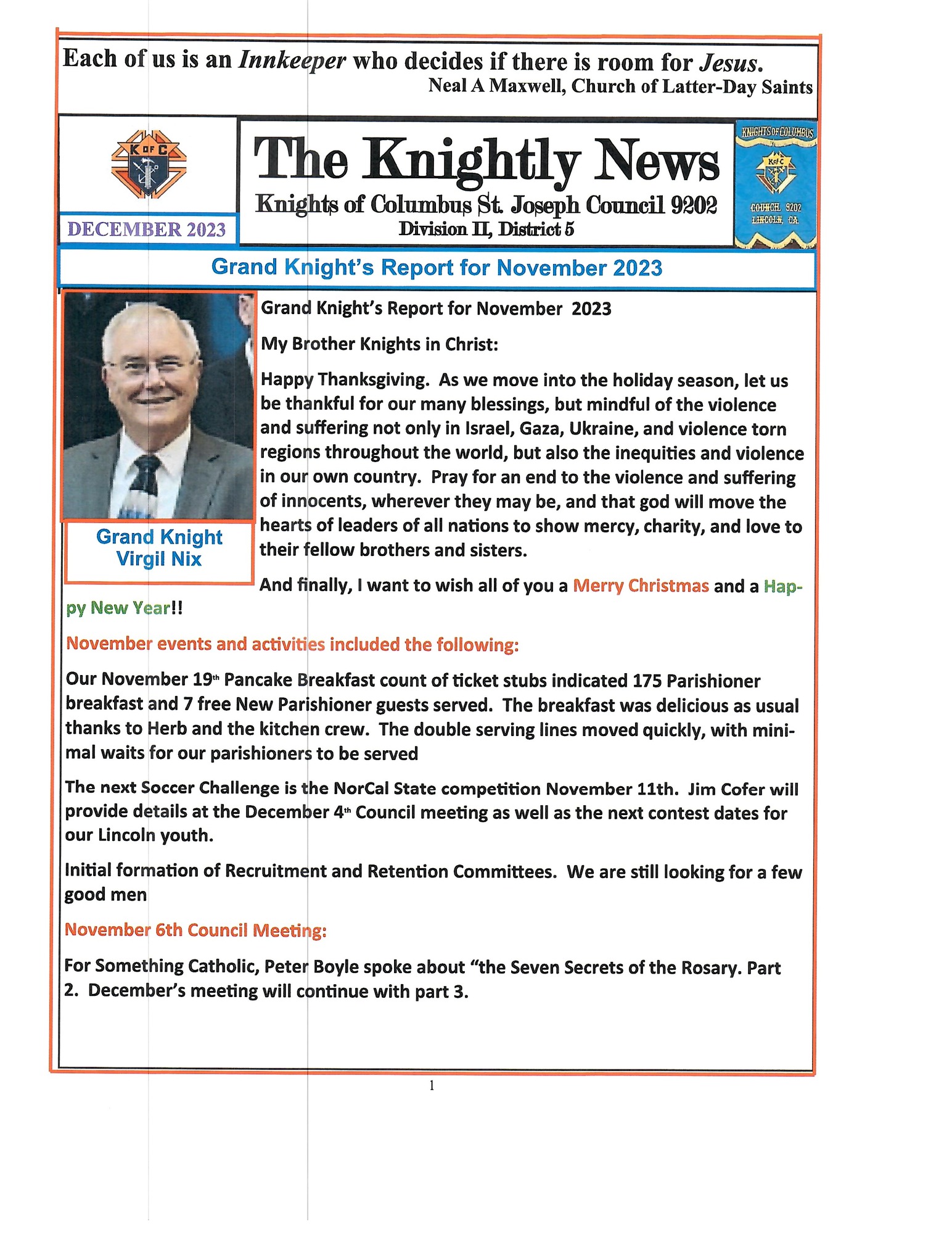 the knightly news - Knights of Columbus, Council 9202 - Lincoln, CA
