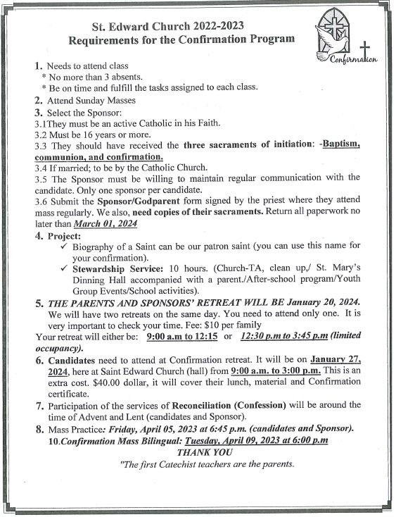 Saint Edward Catholic Parish | Confirmation Info | Stockton, CA