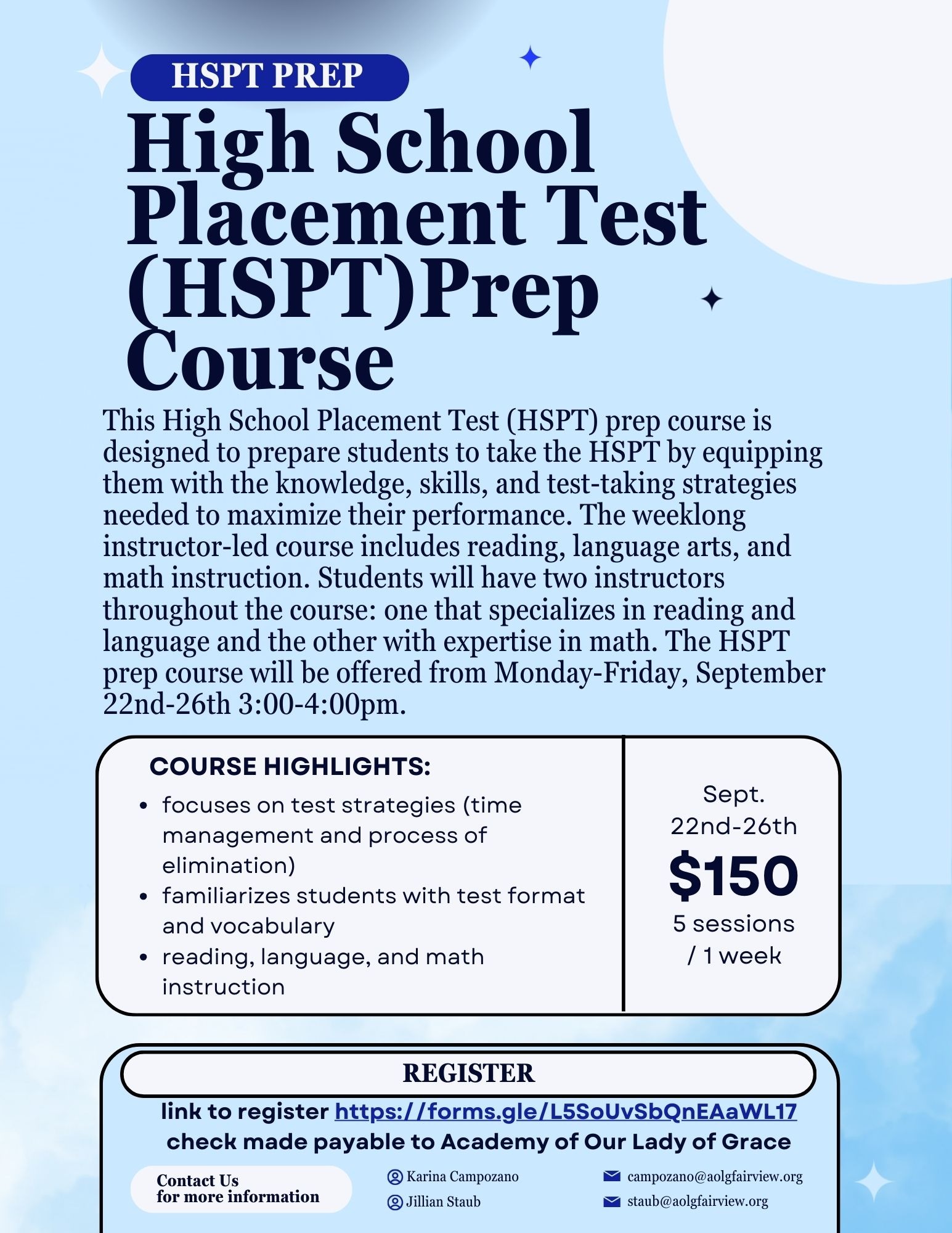 HSPT Prep Course: September 22-26 - Academy of Our Lady of Grace ...