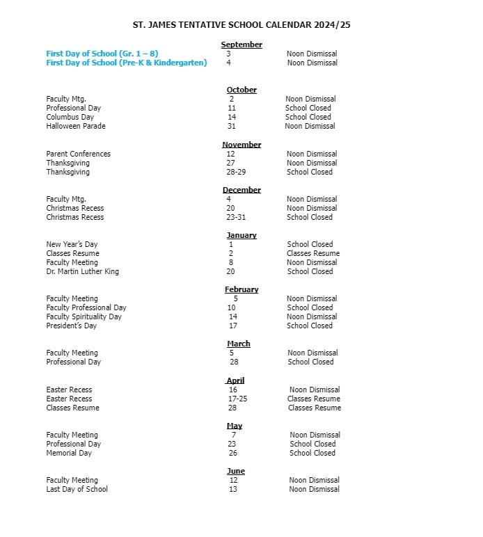 Yearly School Calendar - St. James School - Woodbridge, NJ