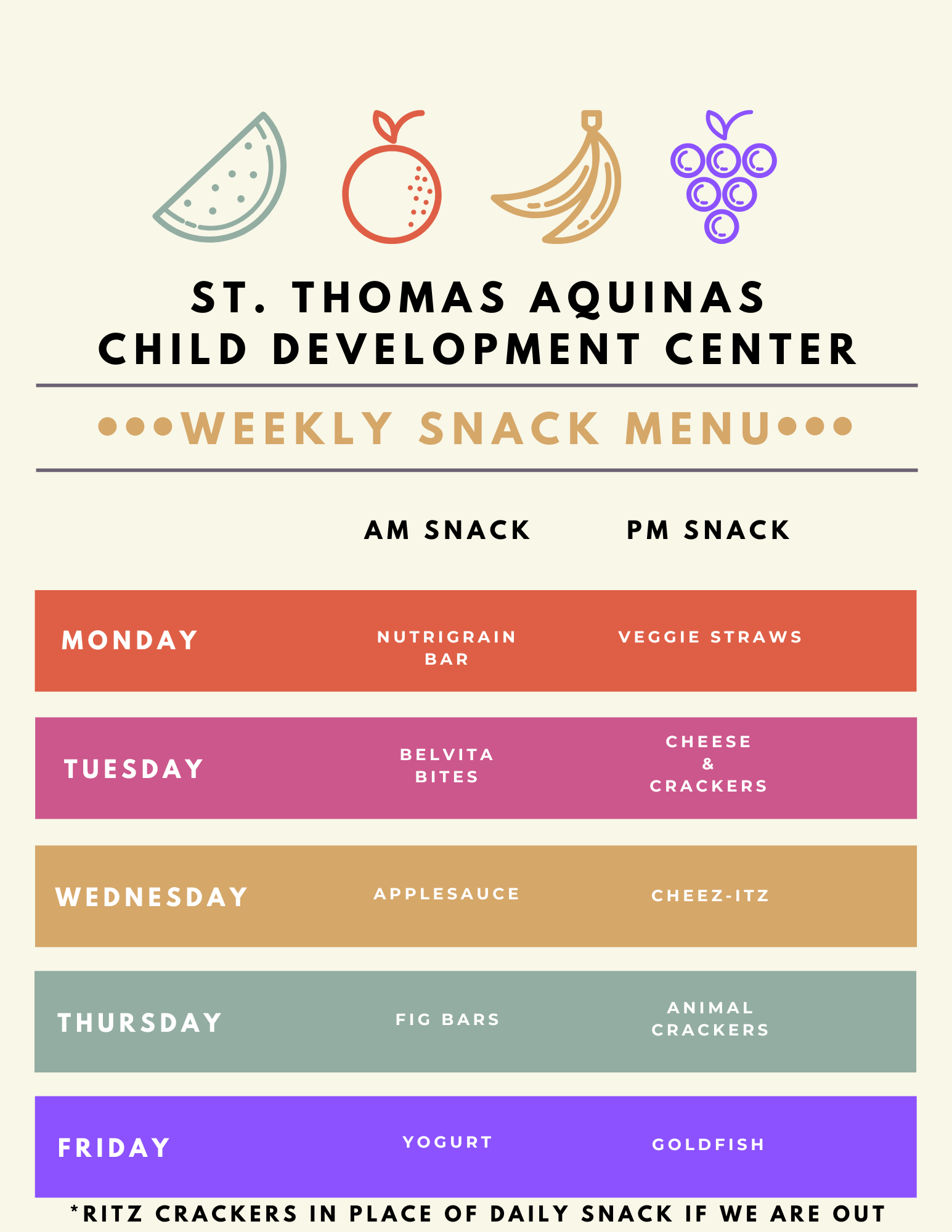 Snack Menu | St. Thomas Aquinas Catholic Parish | College Station, Texas