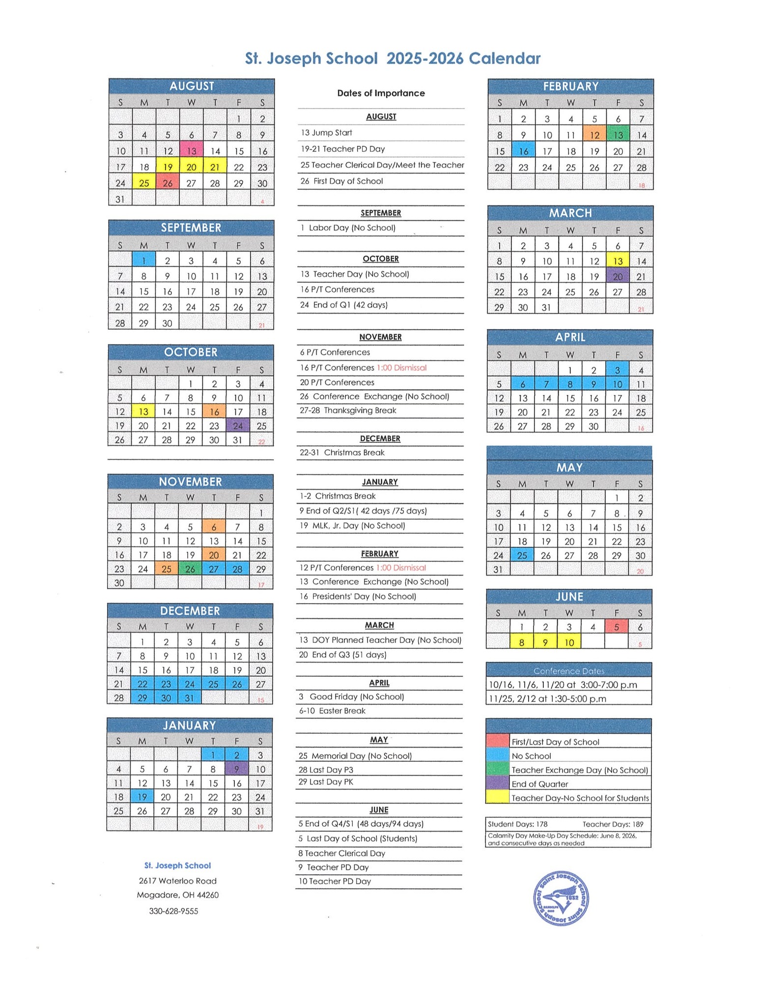 Academic School Year Calendars | St. Joseph School Randolph Ohio ...