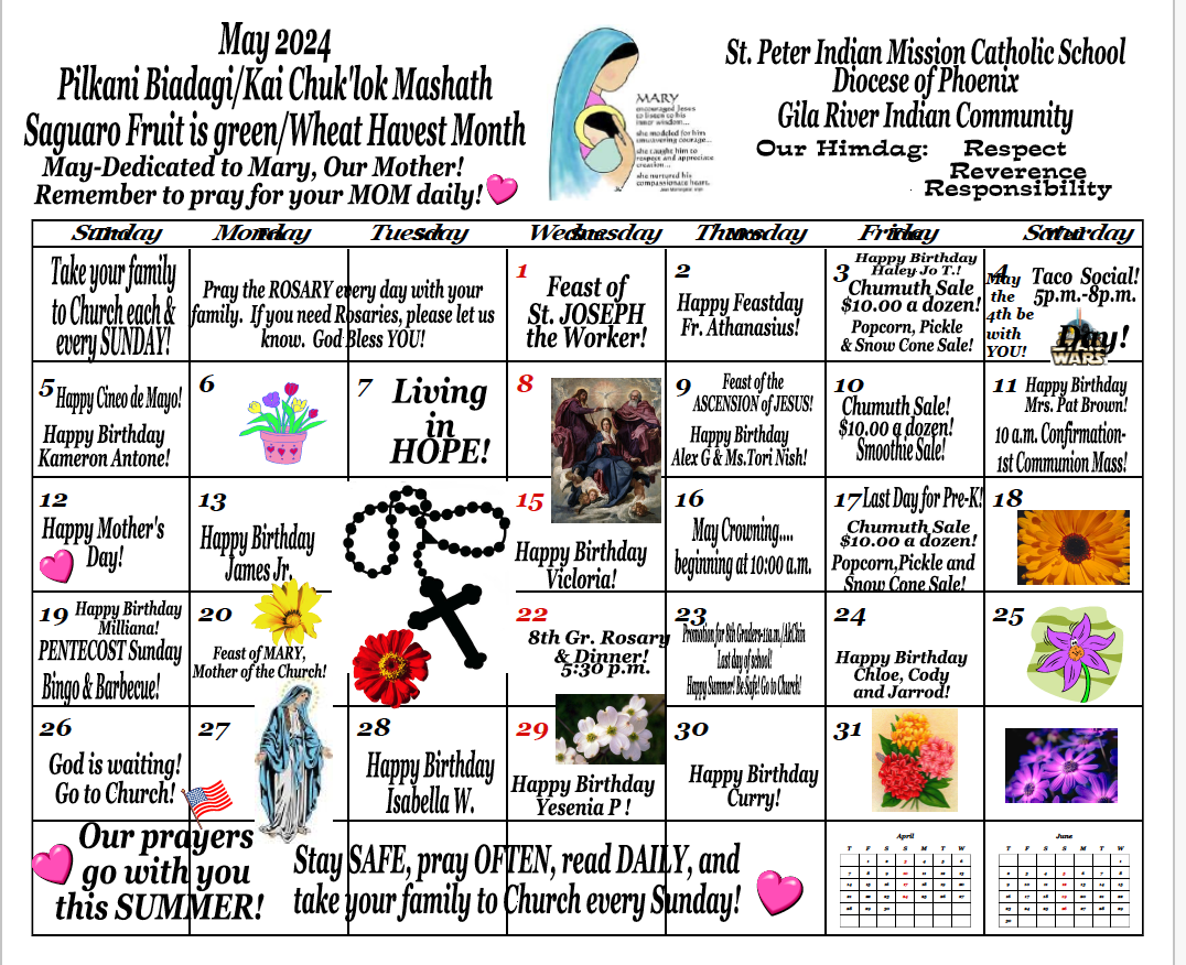 School Calendar - St. Peter Indian Mission Catholic School - Bapchule, AZ