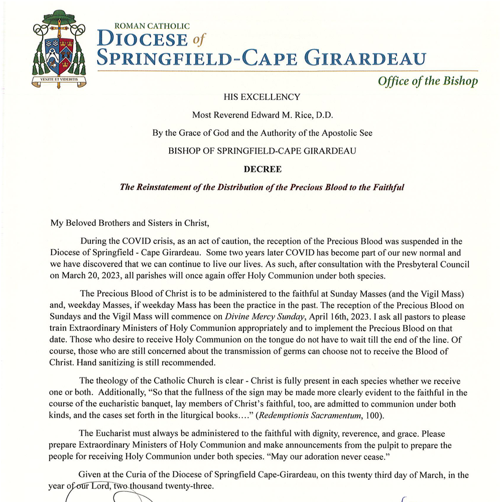 DECREE FROM THE BISHOP | The Reinstatement of the Distribution of the ...