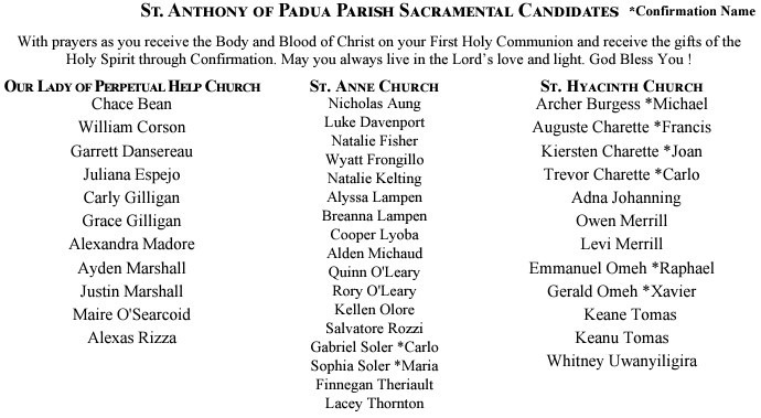 St. Anthonys Parish Community - PO Box 69 - Confirmation Candidates ...