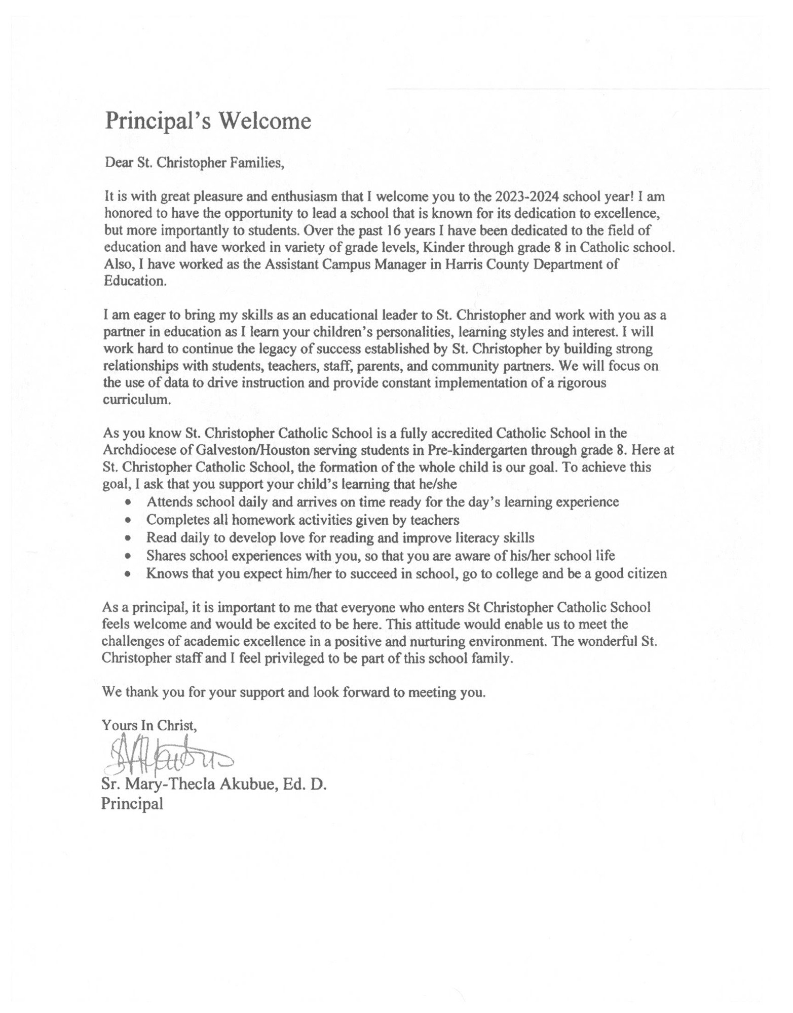 Principal's Welcome - St. Christopher Catholic School - Houston, TX