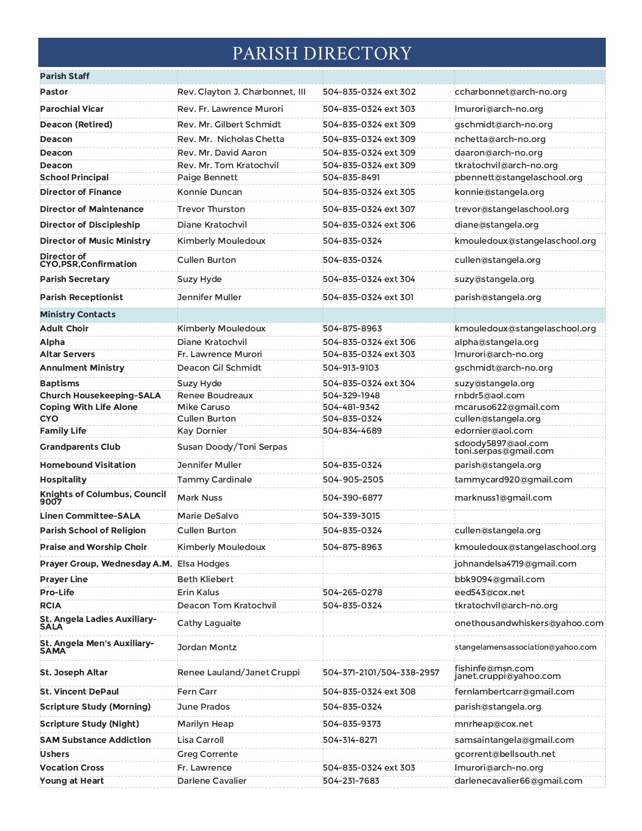 Heads of Ministry Directory - St. Angela Merici - Metairie, LA