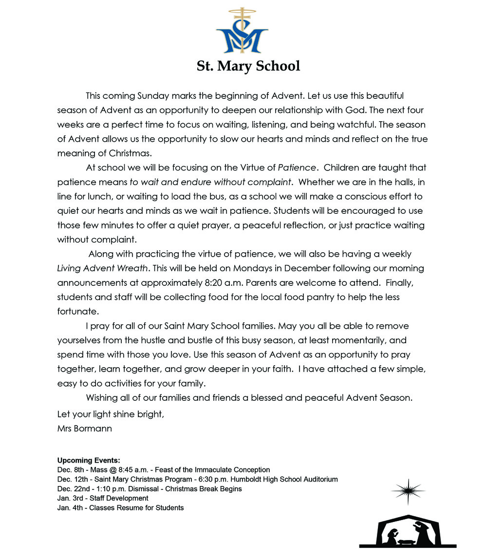Advent Letter - St. Mary Catholic Grade School - Humboldt, IA