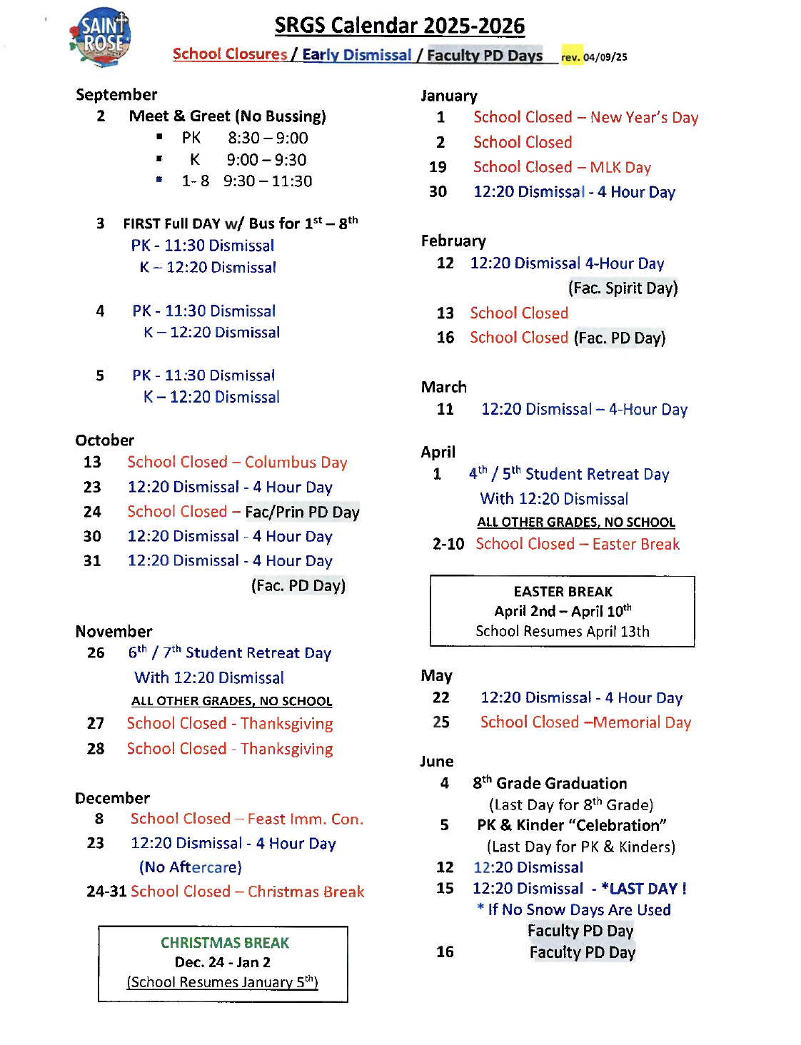 Calendar - St. Rose Grammar School - Belmar, NJ