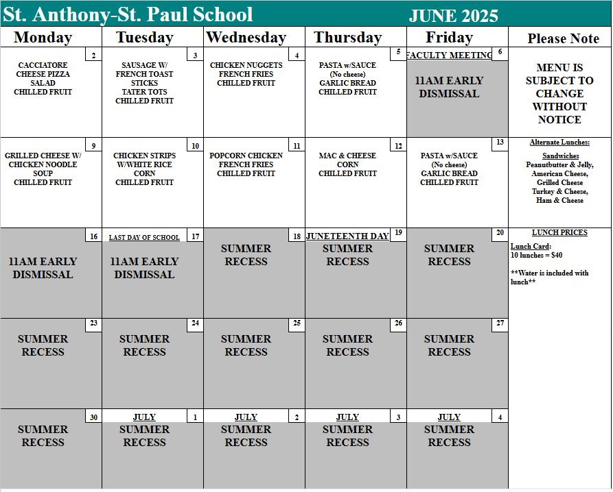 School Year Calendar and Lunch Menu - St. Anthony - St. Paul School - NY