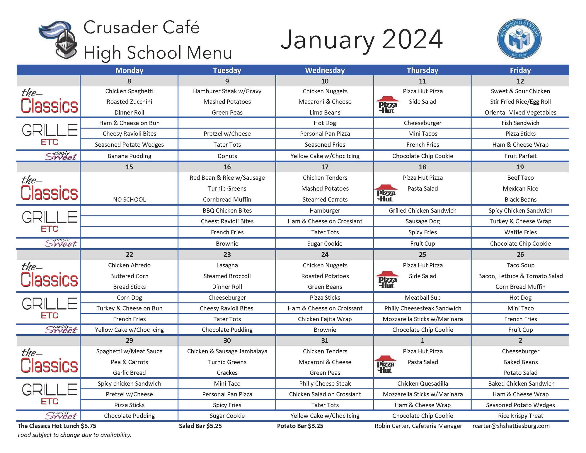 Cafeteria Menus | Sacred Heart Catholic School | Hattiesburg, MS