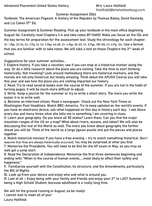 Summer Assignments | Sacred Heart Catholic School | Hattiesburg, MS