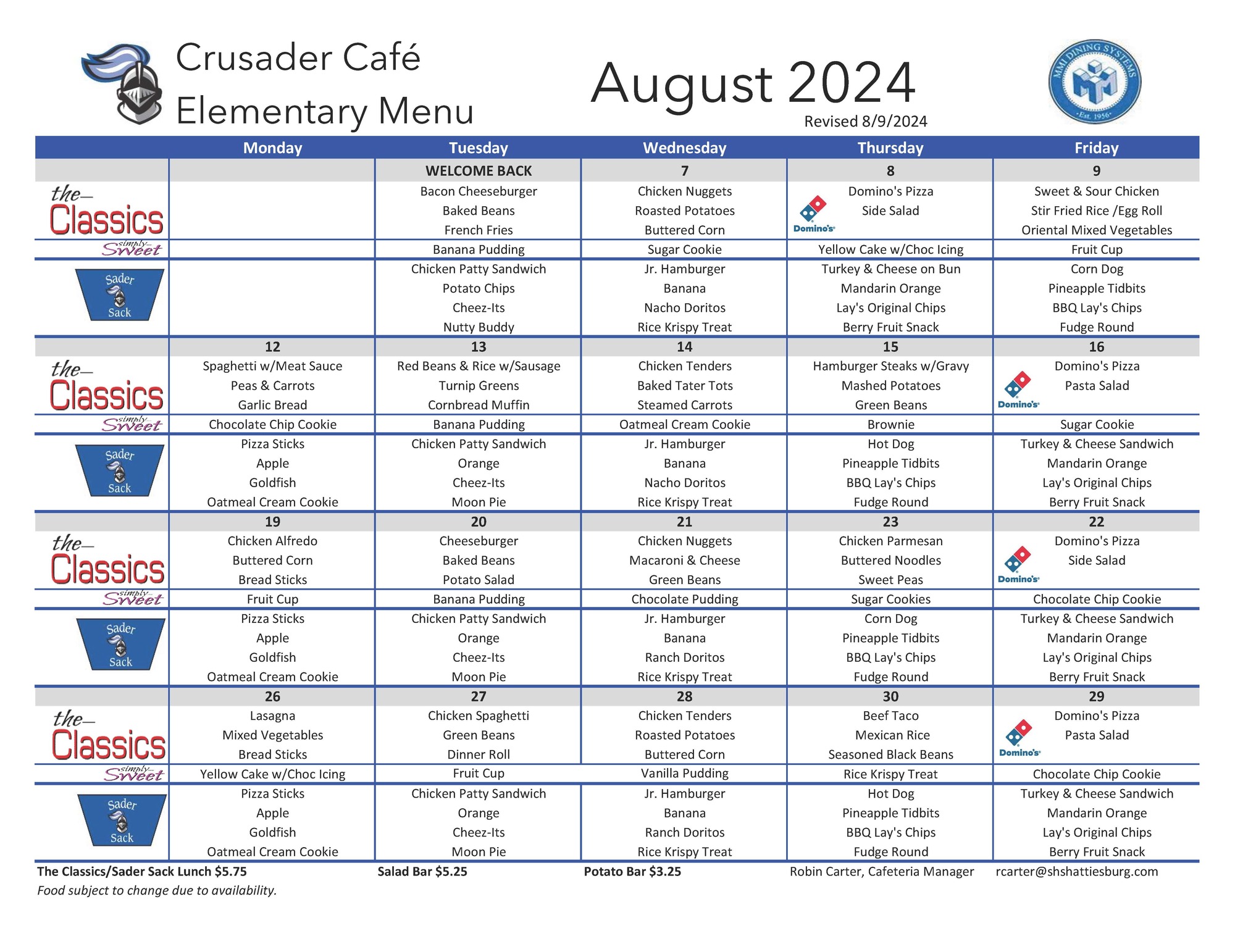 Cafeteria Menus | Sacred Heart Catholic School | Hattiesburg, MS