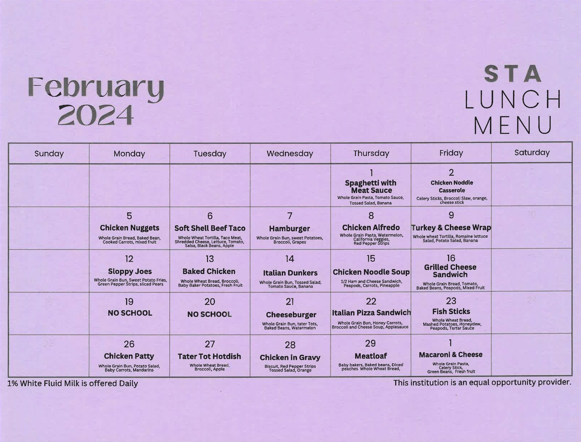 MEAL MENUS - St. Thomas Aquinas Catholic School - International Falls, MN