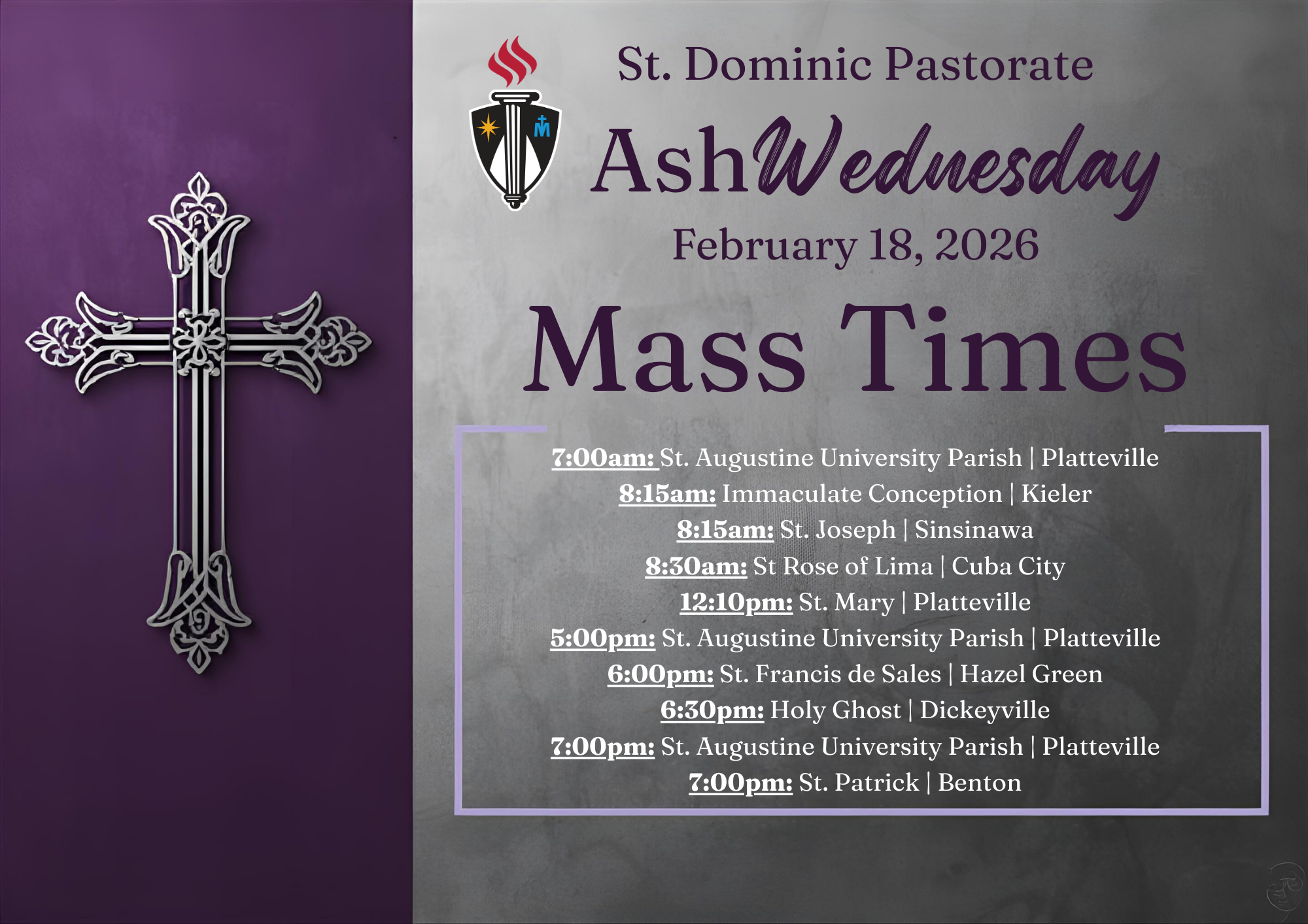Ash Wednesday 2026 - Pastorate 2 - St. Dominic - Platteville, WI, WI
