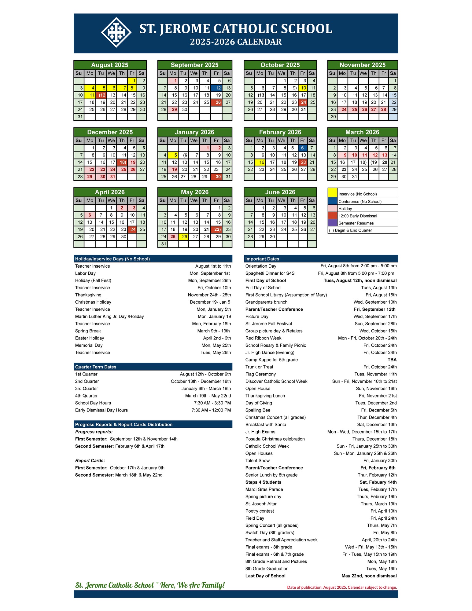 2025-2026 School Calendar - St. Jerome Catholic School - Houston, TX