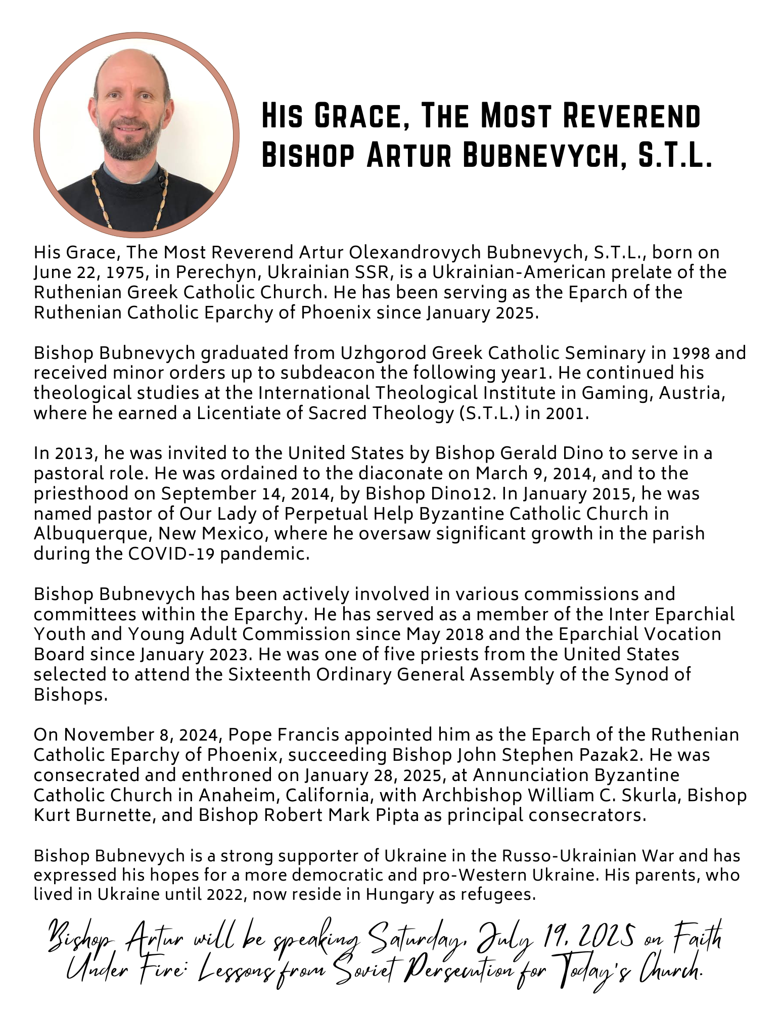 Speakers - Byzantine Catholic Eparchy of Parma - Independence, OH