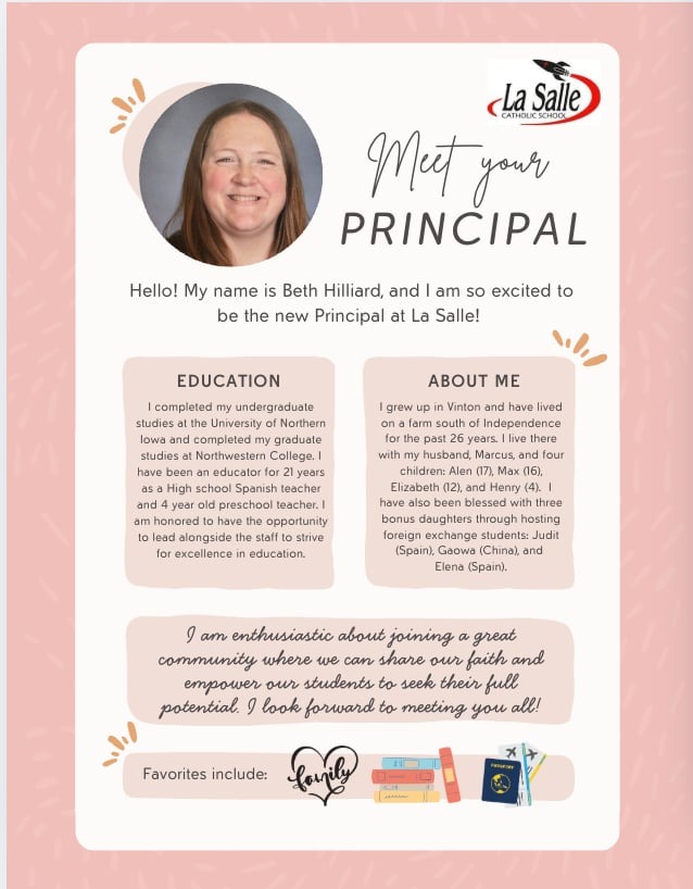 New Principal - St. John Baptist de La Salle Pastorate - Holy Cross, IA