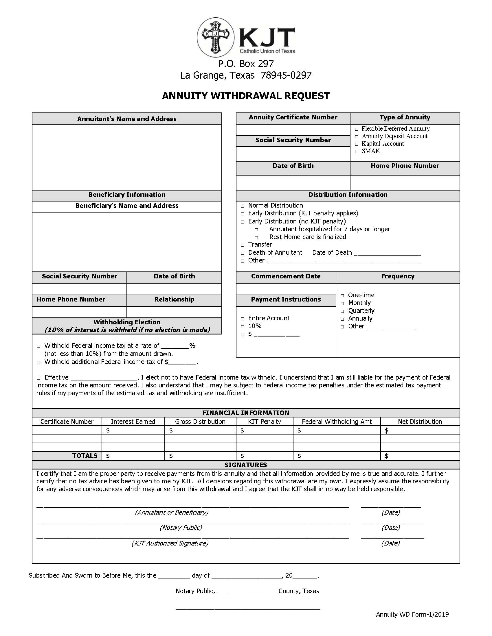 Annuity Forms - Catholic Union of Texas, The KJT - La Grange, TX