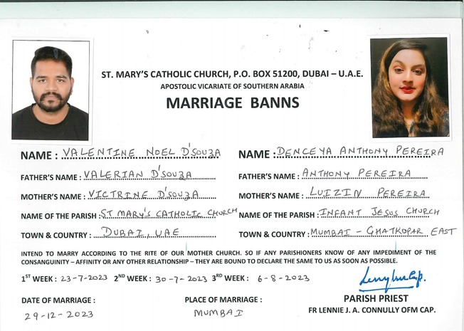 Marriage Banns - St. Mary's Catholic Church - Dubai, UAE