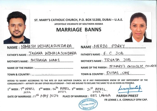 Marriage Banns - St. Mary's Catholic Church - Dubai, UAE