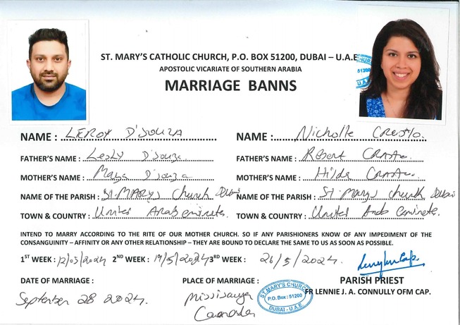Marriage Banns - St. Mary's Catholic Church - Dubai, UAE