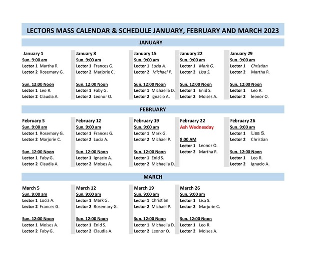 Lector schedule to the end of 2022/ Horario de Lectores hasta el fin de ...