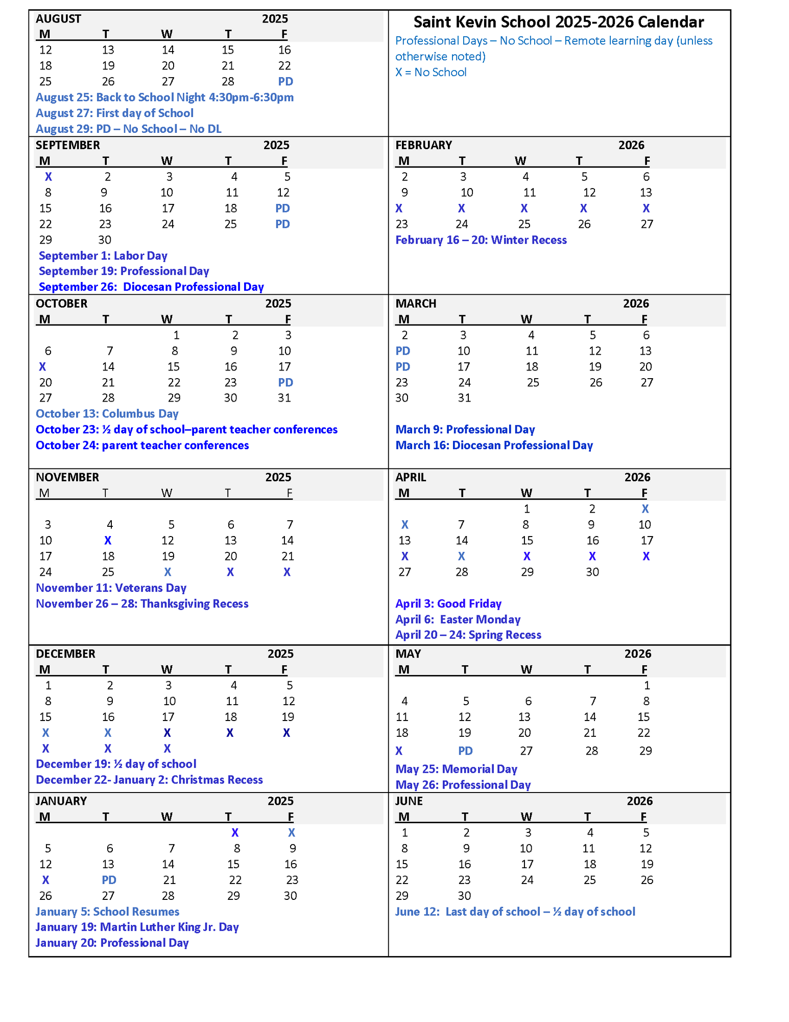 Calendar 2025-2026 - Saint Kevin School - Warwick, RI